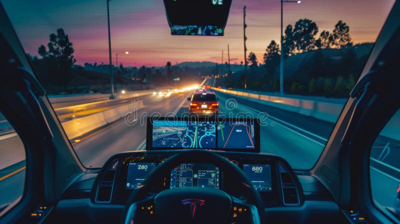 View from Inside an Autonomous Truck Driving on a Highway at Dusk ...
