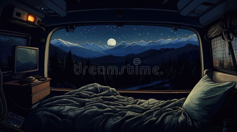 The View from Inside a Camper Van at Night, AI Stock Illustration ...