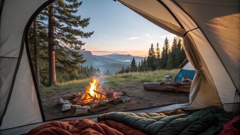View from Inside a Camping Tent - Campfire and Scenic View are in the ...