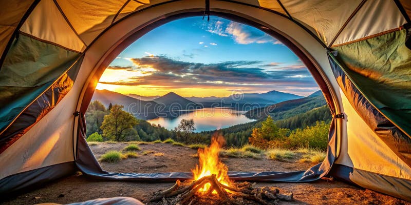 View from Inside a Camping Tent Campfire and Scenic View are in the ...