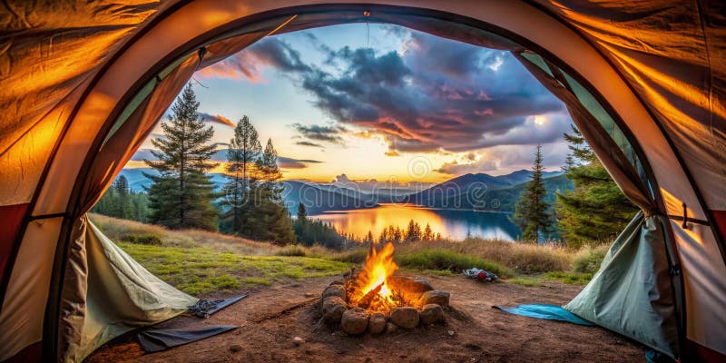 View from Inside a Camping Tent Campfire and Scenic View are in the ...