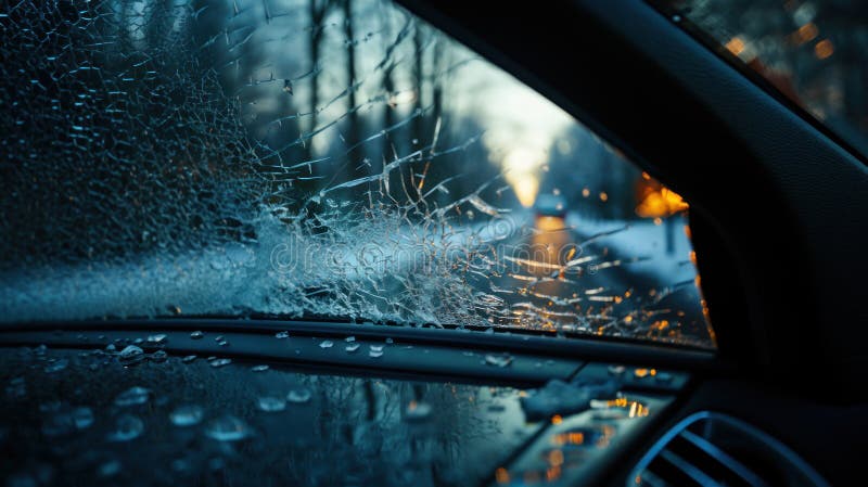View from Inside of Car on Broken Drops on Windshield and Road with ...
