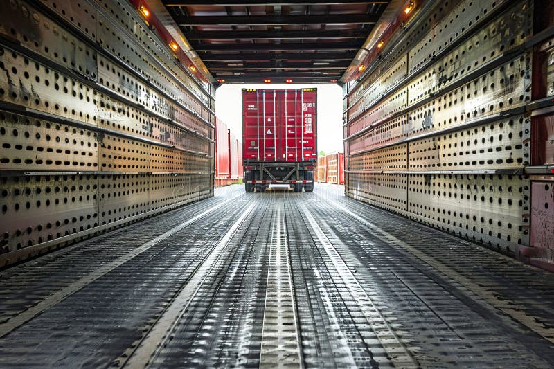 View from Inside a Cargo Truck Trailer with a Red Container Truck Seen ...