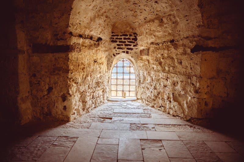 View from Inside a Castle Onto a Stone Floor through a Window Opening ...