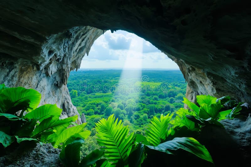 A View from Inside a Cave Looking Out Over a Lush Green Forest Stock ...