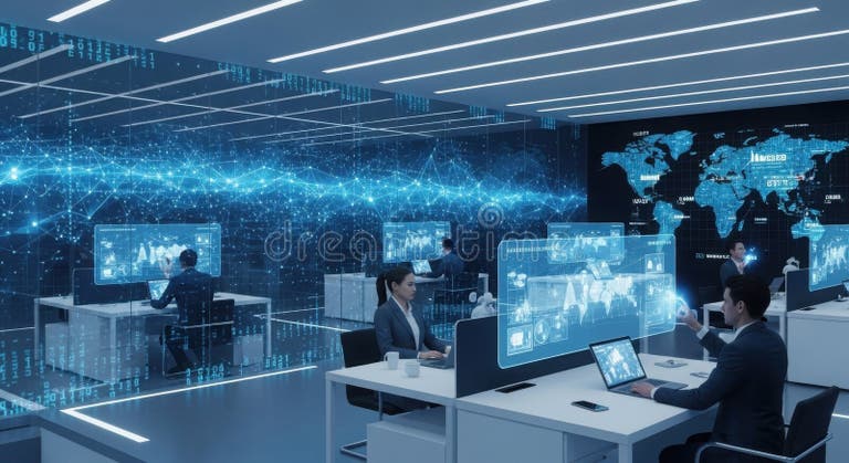 Modern Futuristic Cybersecurity Operations Center with Glowing Blue Data Streams and Active ...