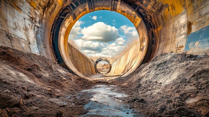 Underground Passage Construction View from a Concrete Pipe with Clouds ...