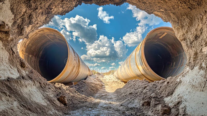 View from Inside a Large Concrete Pipe Under Construction Showcasing ...