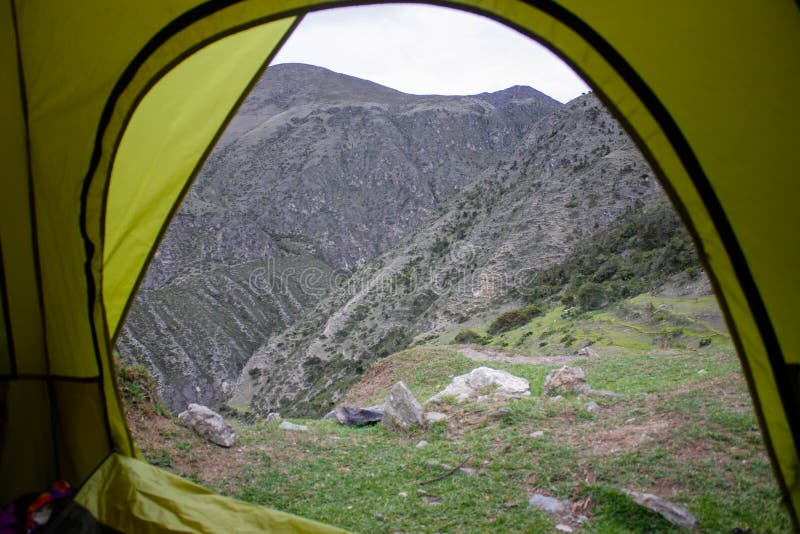 View from Inside an Open Tent in a High Mountain Area Stock Photo ...