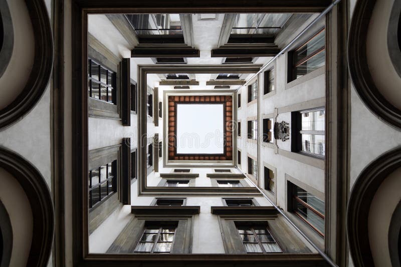 A View Inside a Patio Looking Up Stock Image - Image of facade ...