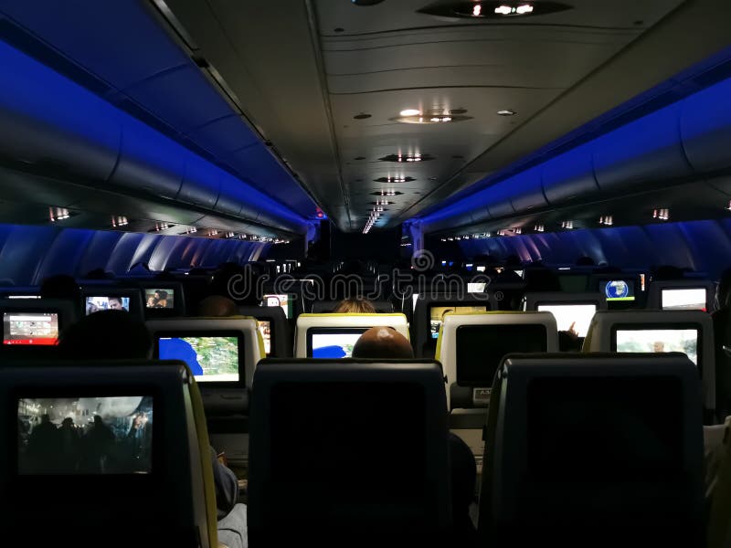 View from Inside the Plane in Mid-flight, Low Lights, with Blue LEDs ...