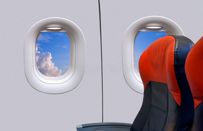 View from Inside Plane of Windows and Passenger Seats in Airplane while ...
