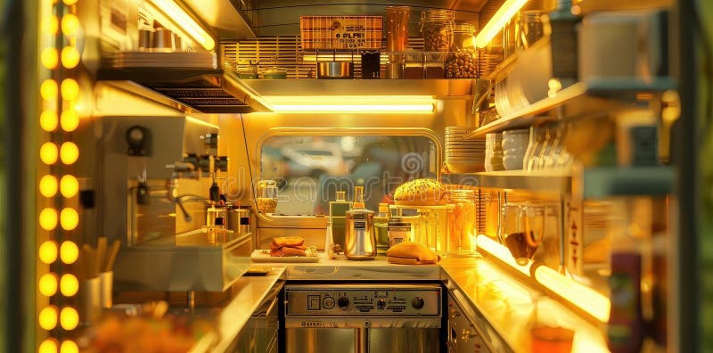 A View Inside a Retro-Style Food Truck Kitchen Stock Illustration ...