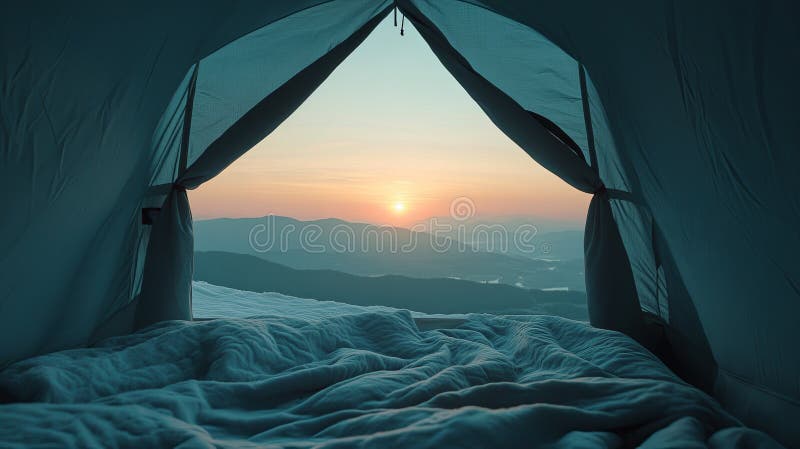View from Inside Rooftop Tent at Mountain Sunrise, Soft Blankets Stock ...