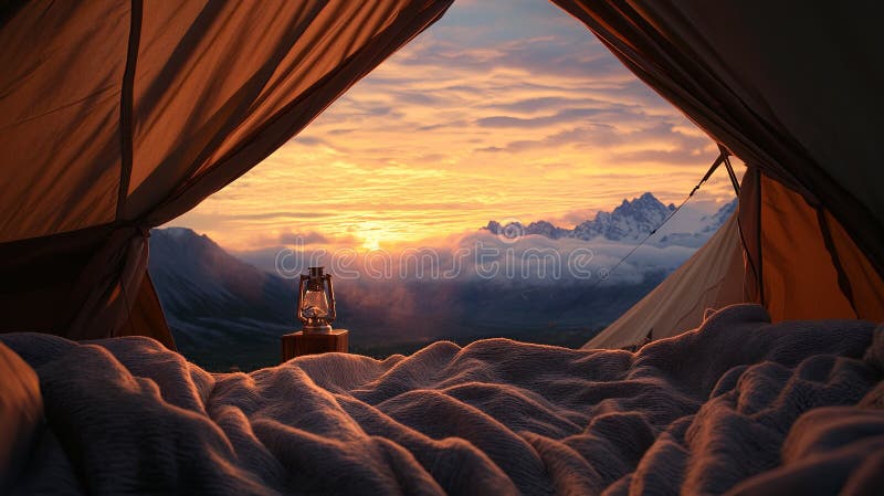 View from Inside Rooftop Tent at Mountain Sunrise, Soft Blankets ...