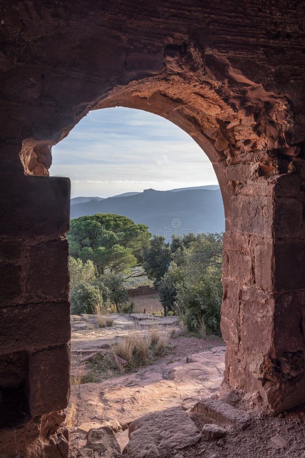 View from Inside a Ruined Castle on the Mountain at Sunset Stock Photo ...