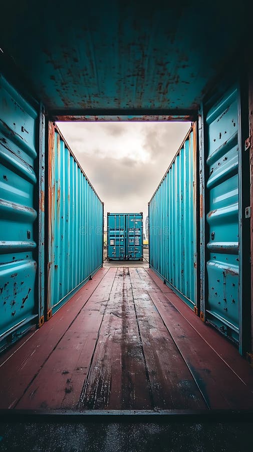 View from Inside a Rusty Shipping Container, with Open Doors Revealing ...