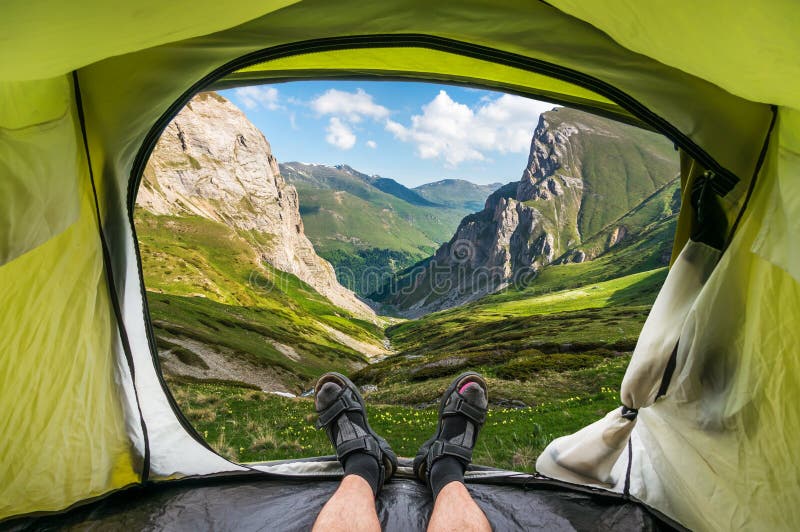 View from Inside a Tent on the Beautiful Grassy Valley and Mount Stock ...