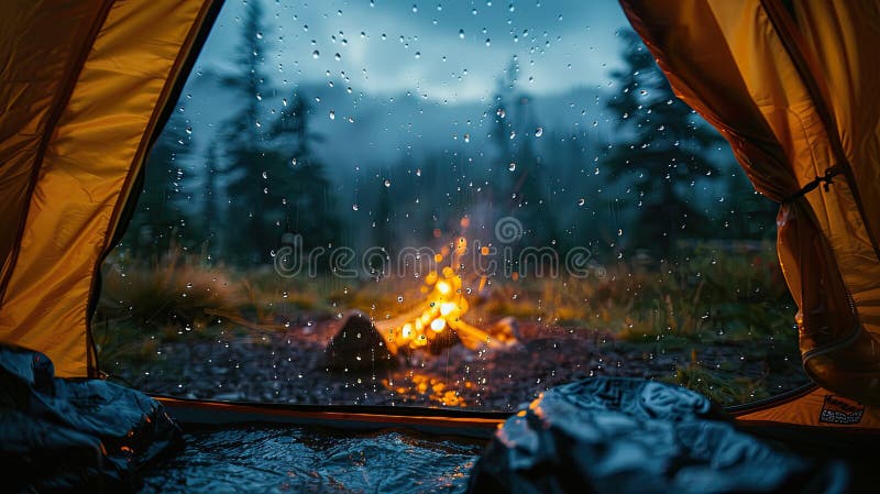 View from Inside a Tent on a Rainy Evening, Looking Out at a Warm Campfire in a Forest Setting ...