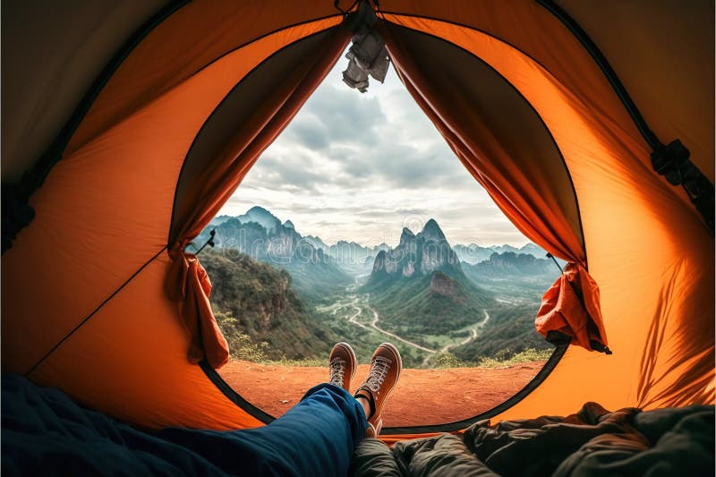 View from Inside Tent with Sleeping Bags on Mountain Hill. Generative ...