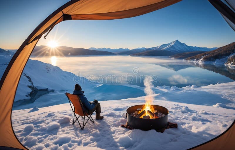 View from Inside a Tent of Tourist Relaxing and Looking the Snow ...