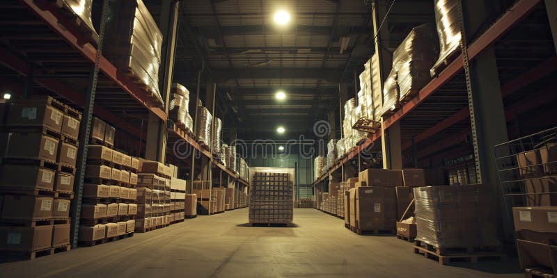 A View Inside the Warehouse Reveals a Pallet of Boxes and Tall Shelves ...