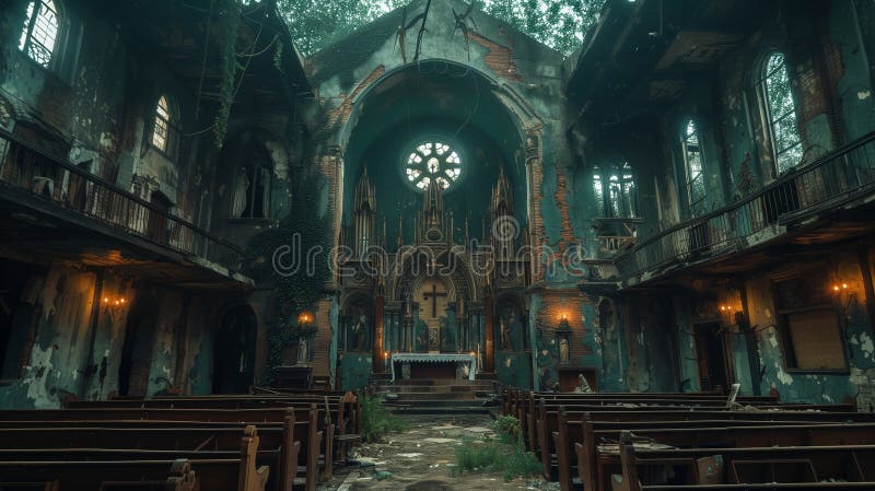 An Abandoned Church Interior with Overgrown Plants and Dim Lighting ...