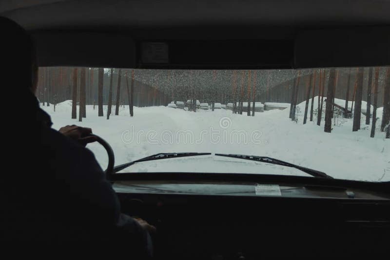 View from the Interior of Car into the Windshield, Winter Road through ...