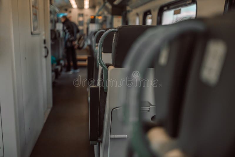 View of Interior in a Deserted Empty Commuter Train Carriage with Rows ...