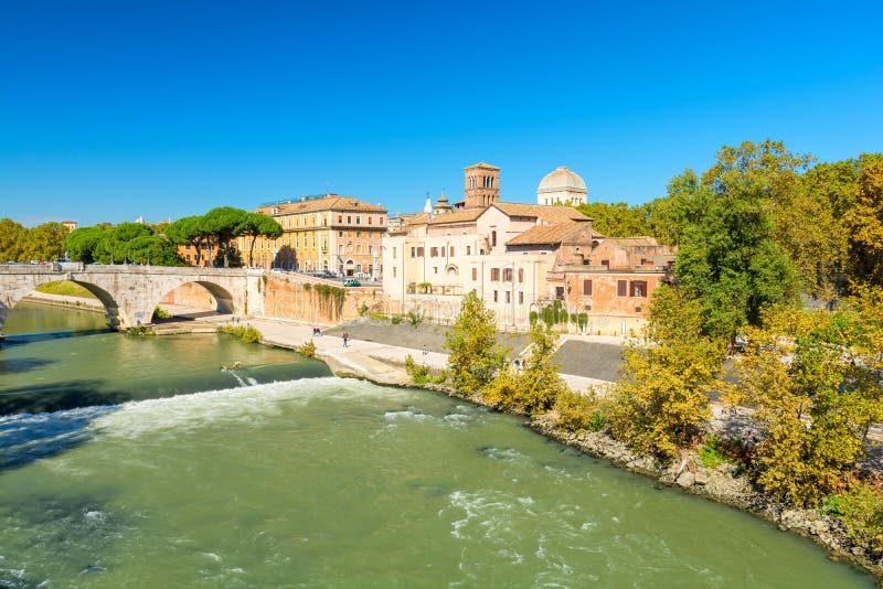 View on Isola Tiberina in Rome, Italy Stock Photo - Image of dome ...