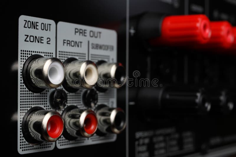 View on Isolated Cinch Sockets of Back Side of Black Dolby Surround ...