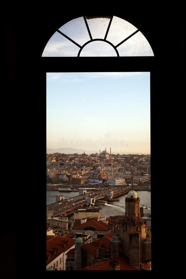 View of Istanbul through a Gothic Arched Window. Stock Image - Image of ...