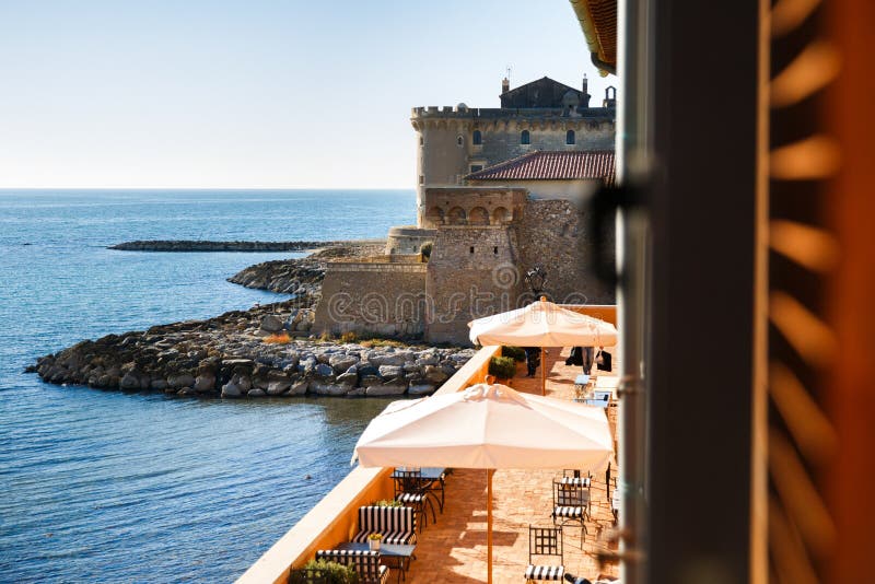 View of the Italian Castle through the Restaurant Stock Image - Image ...