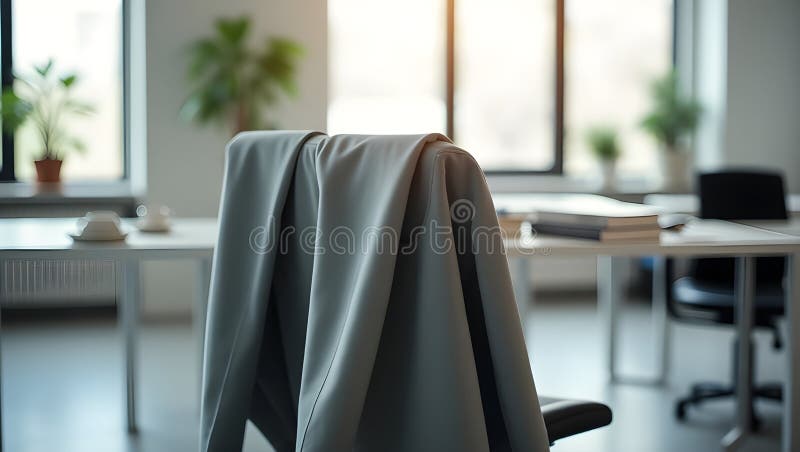 A Jacket Draped Casually Over a Chair in a Brightly Lit Workspace Stock ...