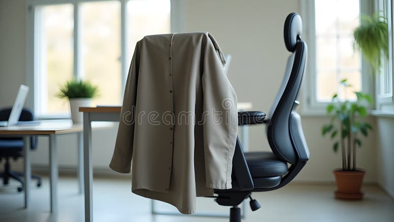 A Jacket Draped Casually Over a Chair in a Brightly Lit Workspace Stock ...