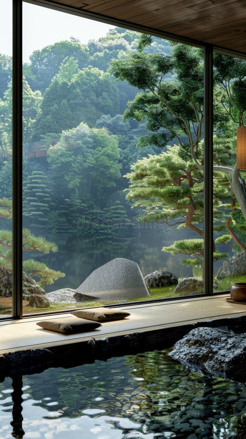 View of Japanese Garden through Large Window in Peaceful Indoor Setting ...