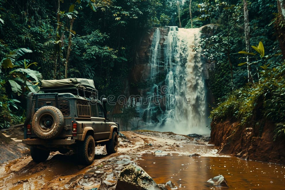 View of a Jeep Off-road Parked in Front of a Forest Waterfall, AI ...