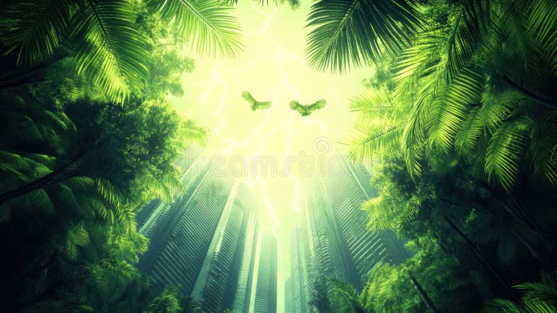 A View of a Jungle Scene with Two Birds Flying Over it, AI Stock Image ...