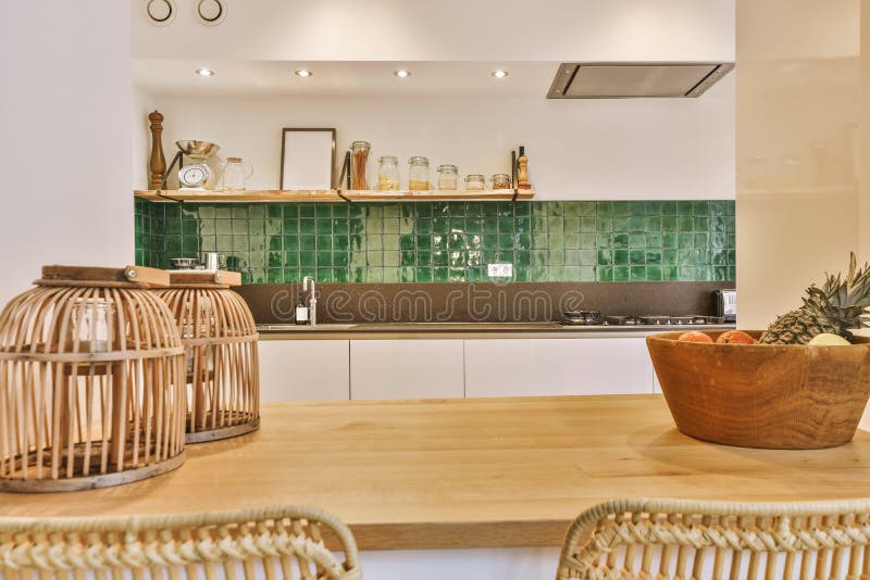 View of the Kitchen with Green Marble Tiles on the Wall Stock Image ...