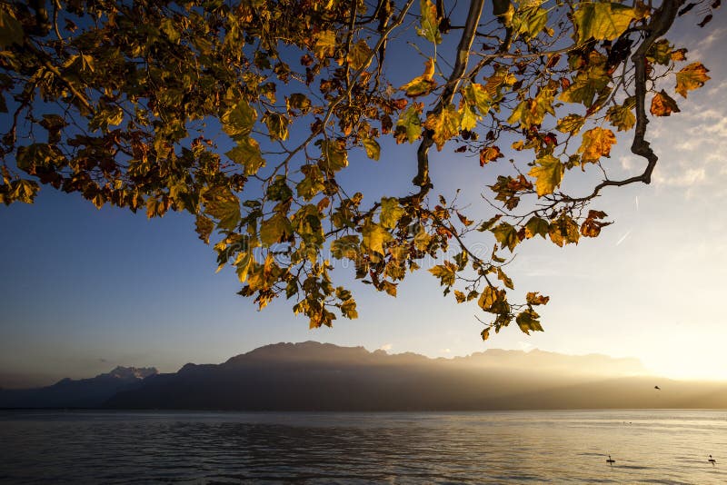 Sunset on lake stock image. Image of nepal, climbing - 208265399