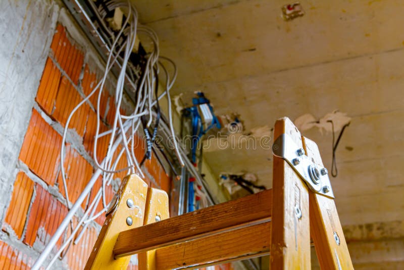 View on Ladder and Cable Tray with Bundle of Cables between Floors in ...