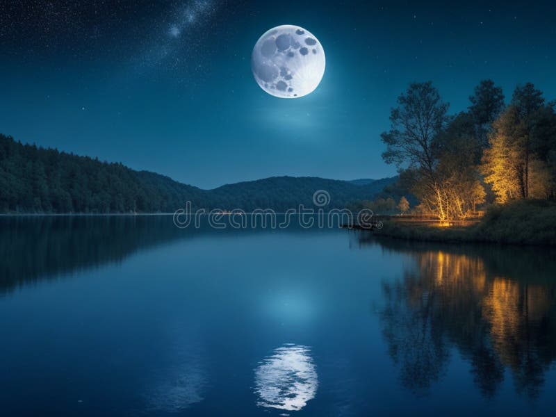 View of Lake at Night with Calm Water and a Beautiful Full Moon ...