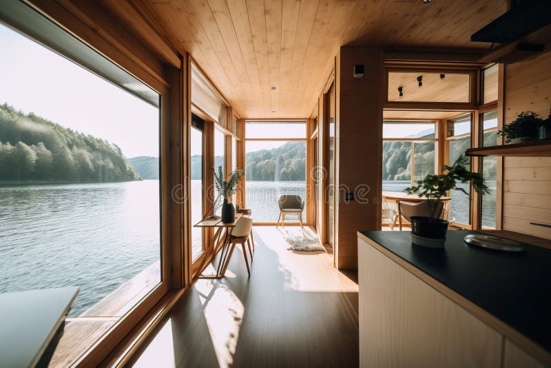 A View of a Lake through a Window. AI Generative Image. Tiny House ...