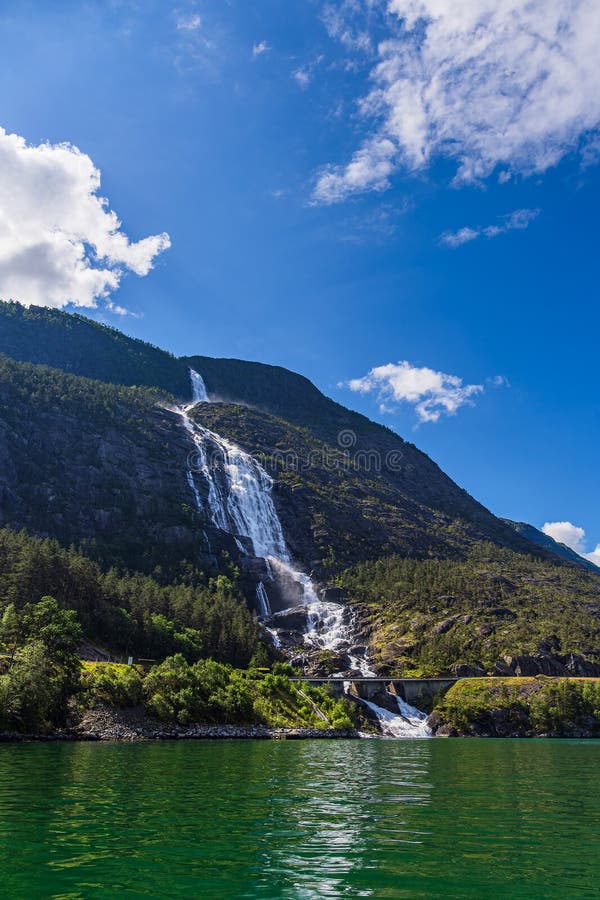 View of the Langfossen Waterfall on the Akrafjord in Norway Stock Image ...