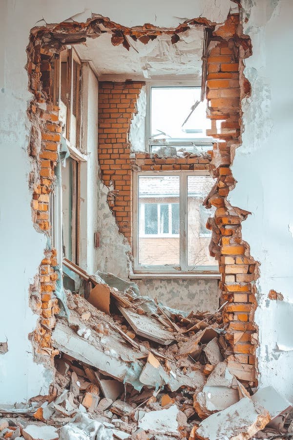 Interior Demolition Grey and Brown Rubble Reveals Damaged Brick Walls ...