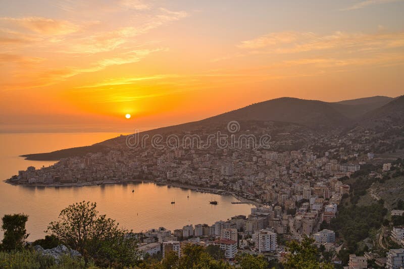 View from the Lekuresi Castle on Saranda at Sunset Stock Image - Image ...