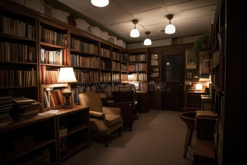 A View of Library Bookshelves, with Books and Reading Lamps Visible, in ...