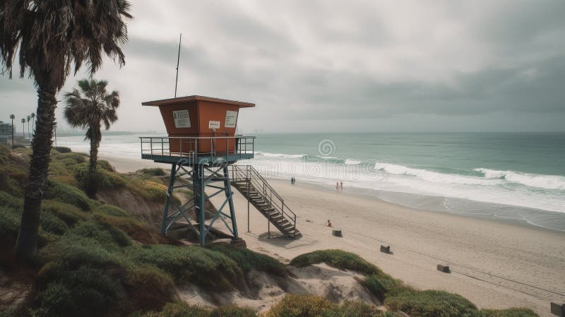 View of Lifeguard Tower and Palm Trees Stock Illustration ...