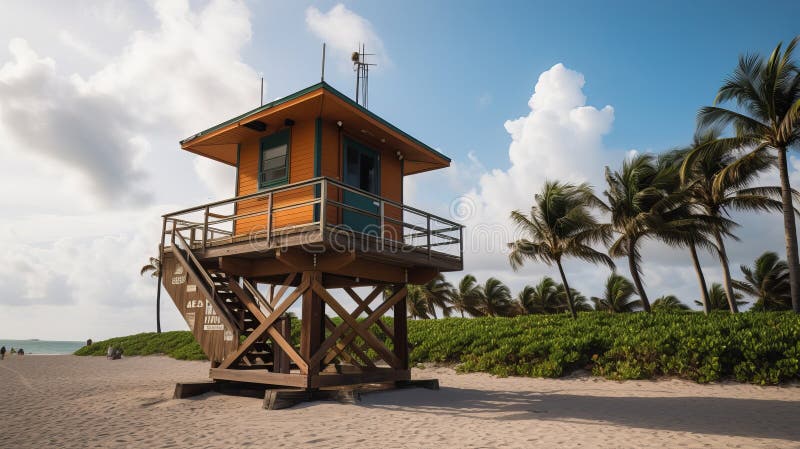 View of Lifeguard Tower and Palm Trees Stock Illustration ...