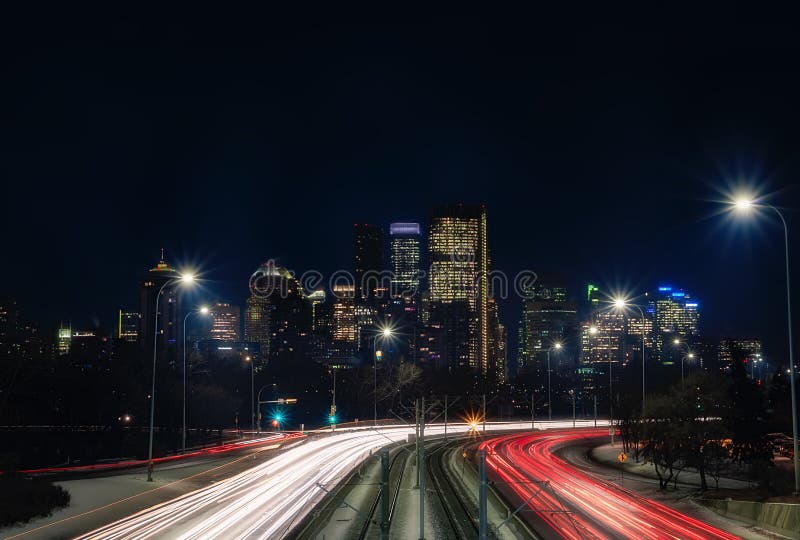 Nighttime Light Trails by Downtown Calgary Stock Photo - Image of view ...